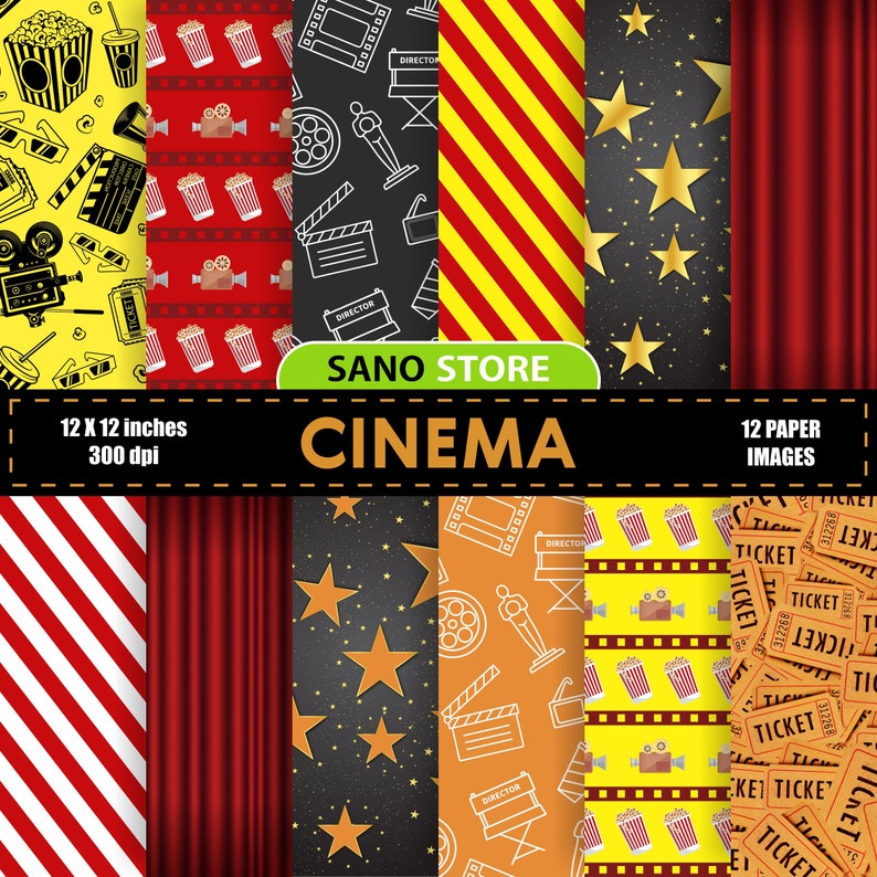 Cinema, Movie, Film,ticket, Popcorn, Hall, Digital Papers Printable ...