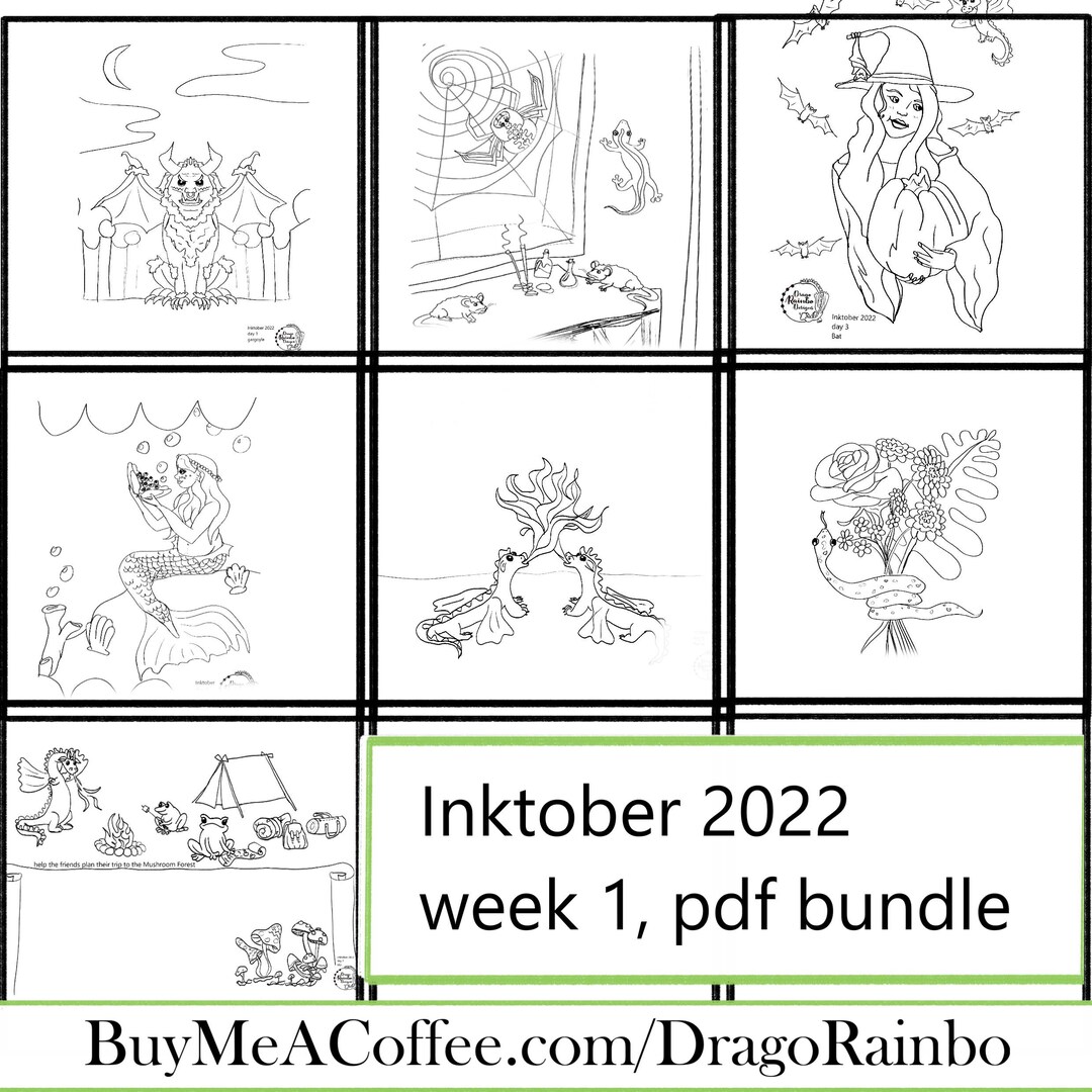 Inktober 2022, Week One Coloring Pages Bundle Pdf Printable, 7 Pages to ...