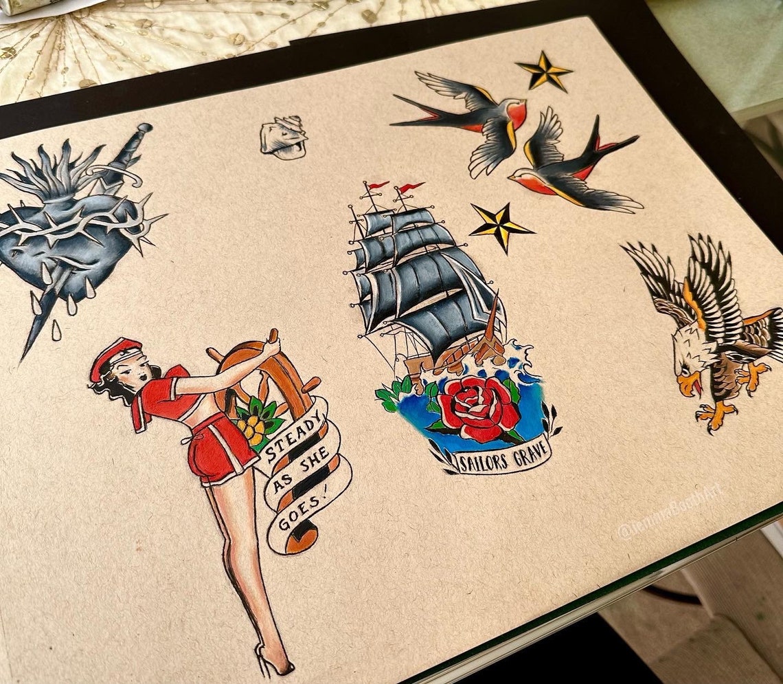 Traditional Maritime Tattoo Flash Sheet Original Artwork Sailor Jerry ...