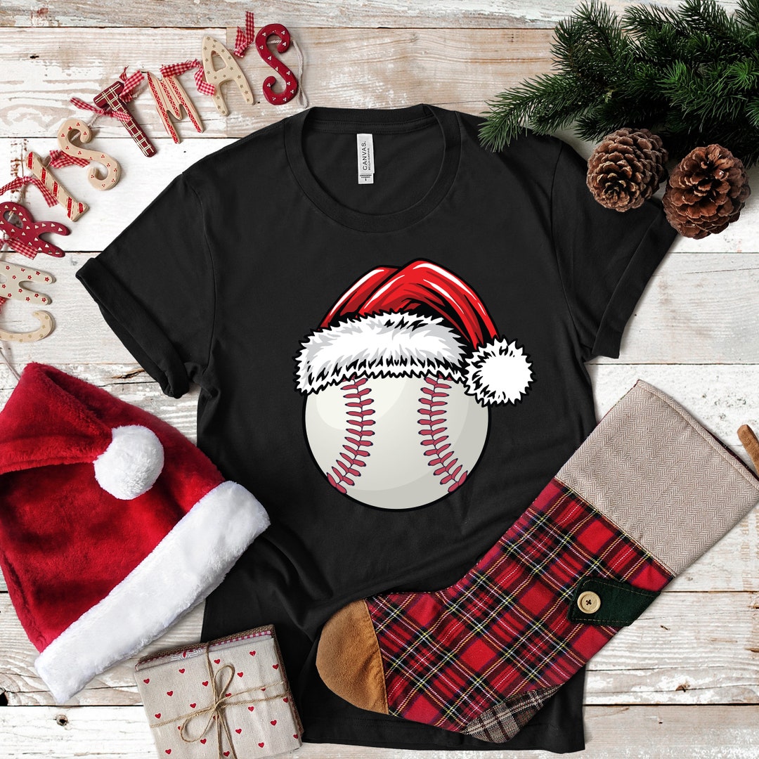 Baseball Christmas T-shirt, Santa Hat Design, Hoodies, Men's Tees, Long ...