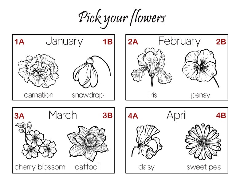 Birth Flower Family Bouquet, Birth Month Flower Art Custom, Hand Drawn ...