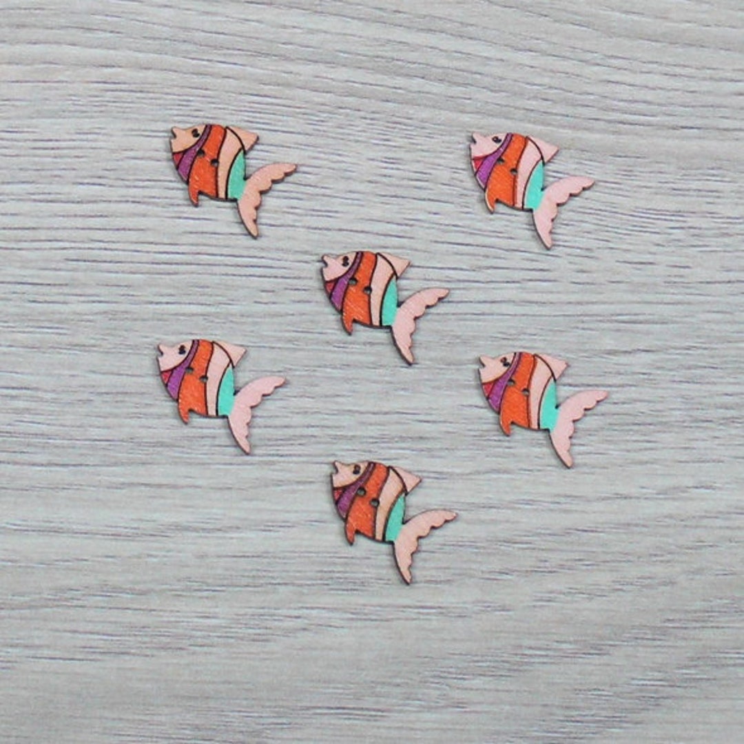 6 Wooden Fish Buttons Painted Red Color - Etsy