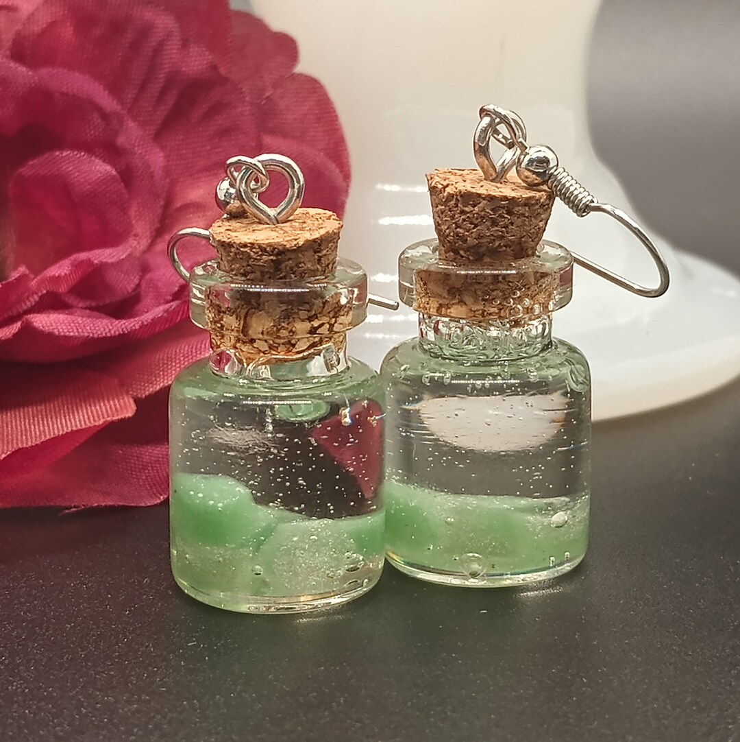 A Drop of Goo, Mini Glass Potion Bottle Earrings, Honeycomb Resin Spell ...