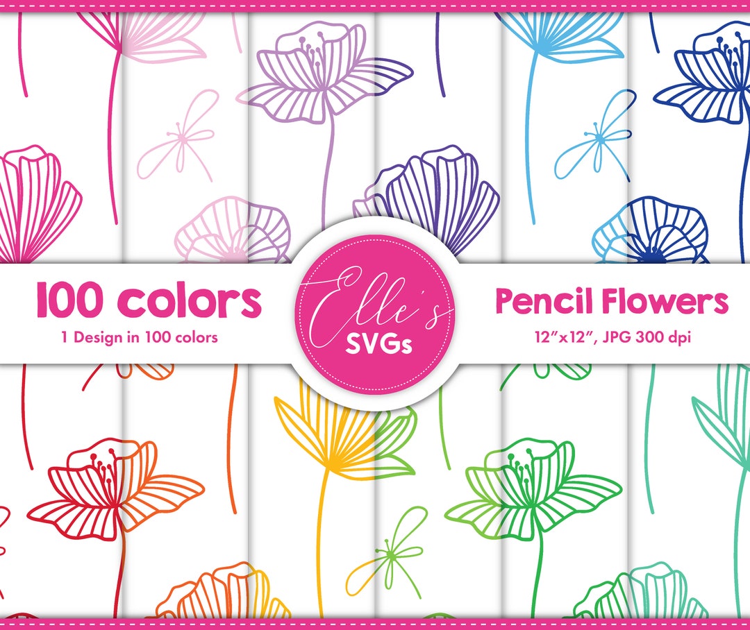 Flowers 100 Colors Digital Paper, Pencil Flowers Paper 100 Colors ...