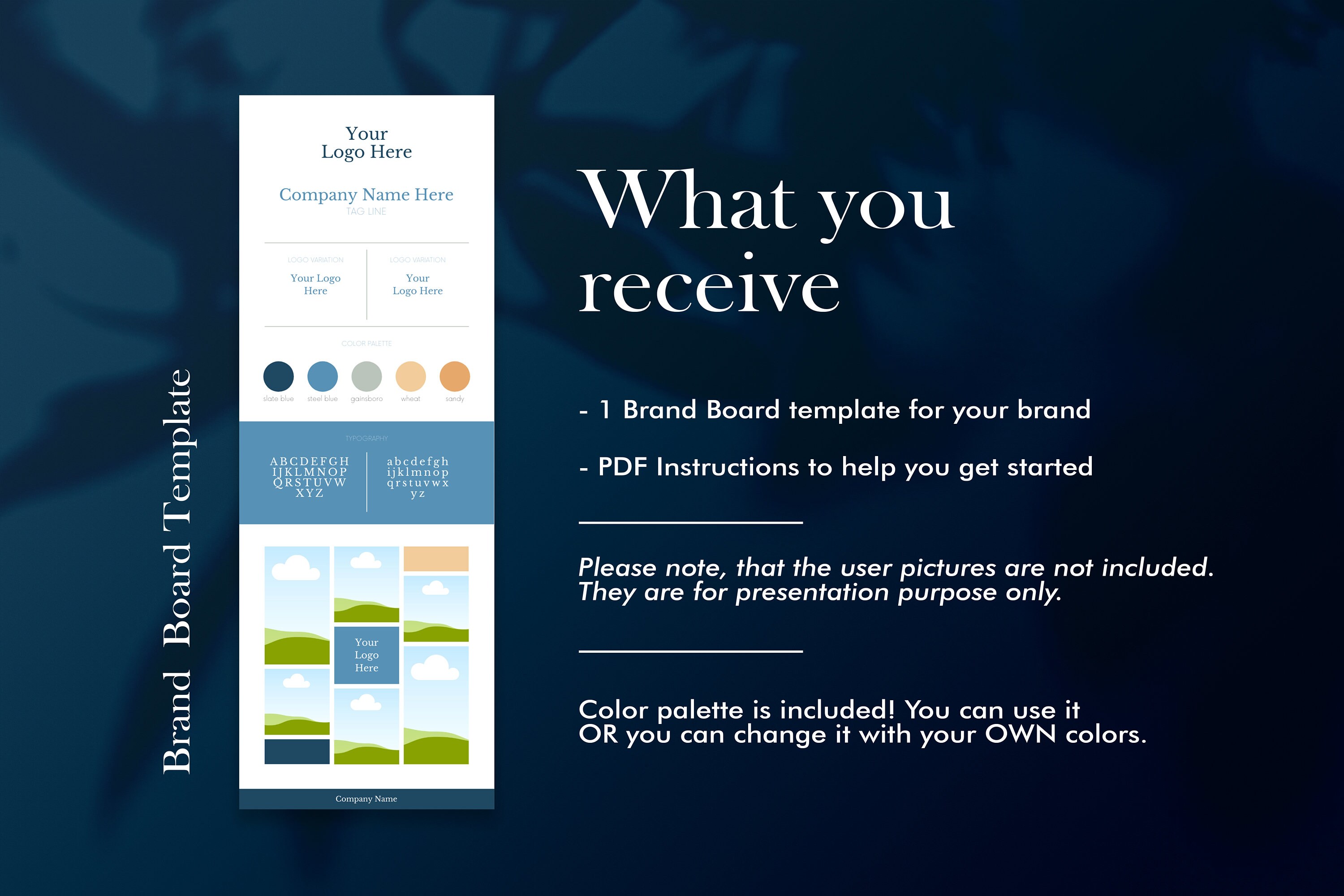 Brand Board Template, Branding Board Canva, Style Guide, Blue, Copper ...