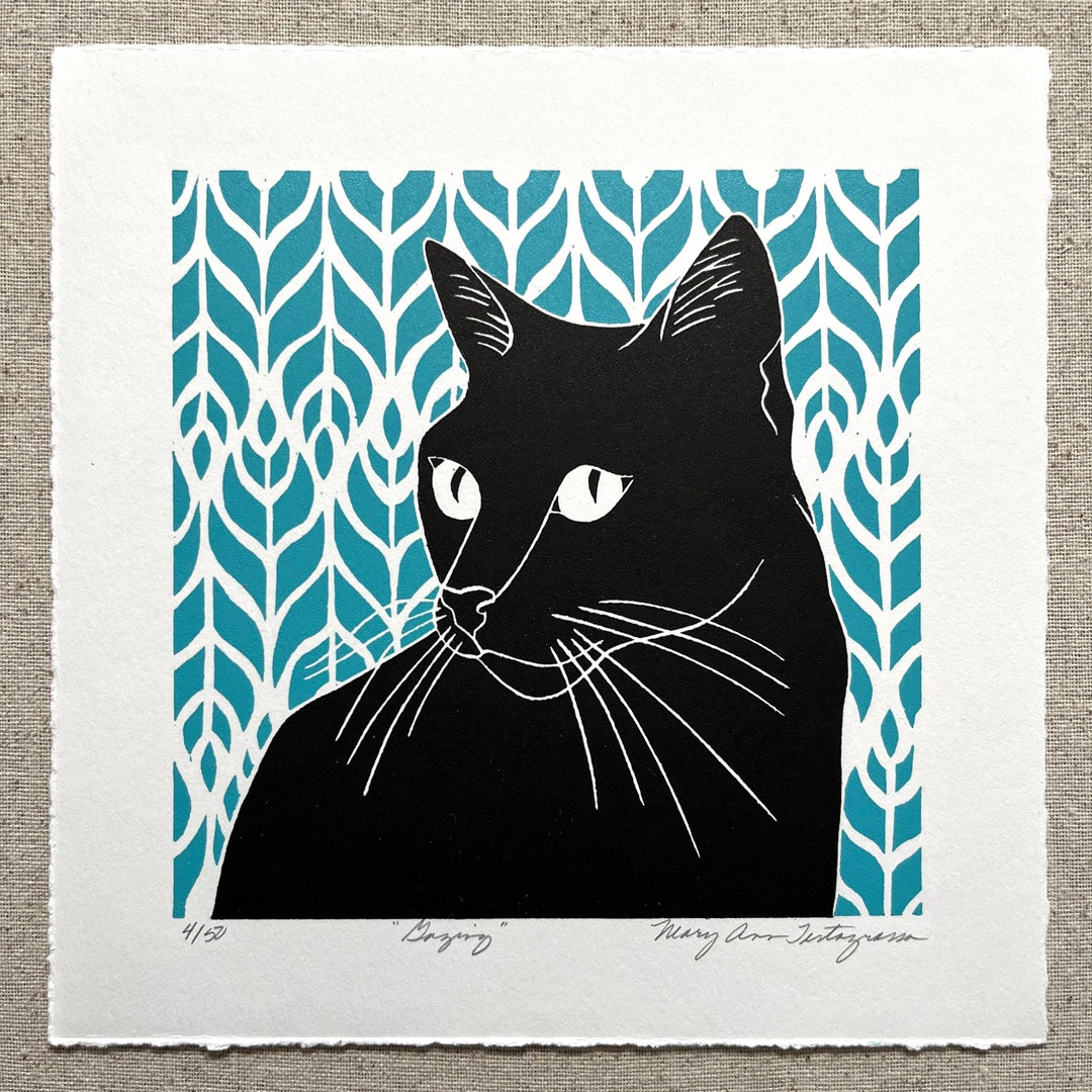Cat Art Print Cat Artwork Cat Art Original Cat Print Wall Art Linocut ...