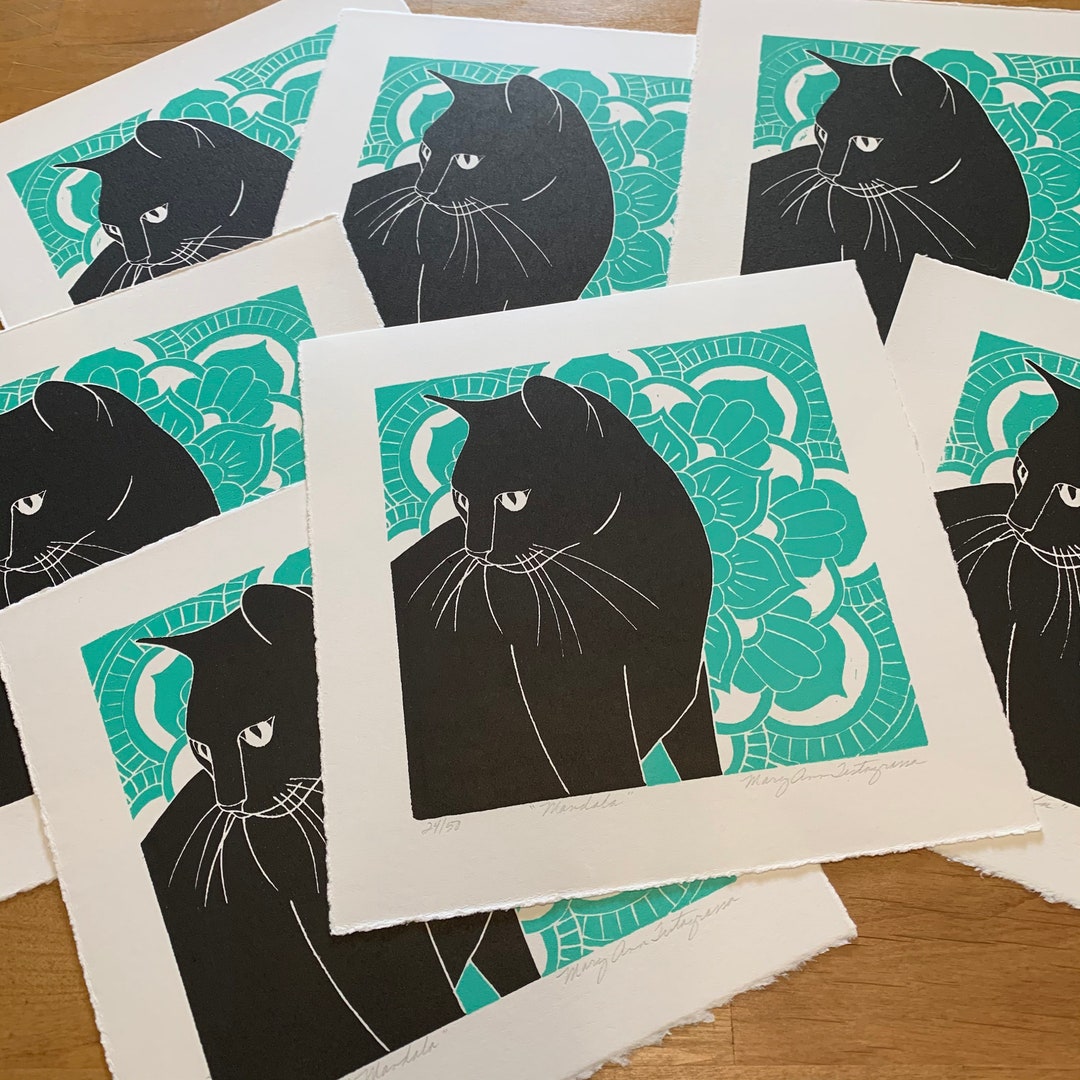 Cat Art Print Cat Artwork Cat Art Original Cat Print Wall Art Linocut ...
