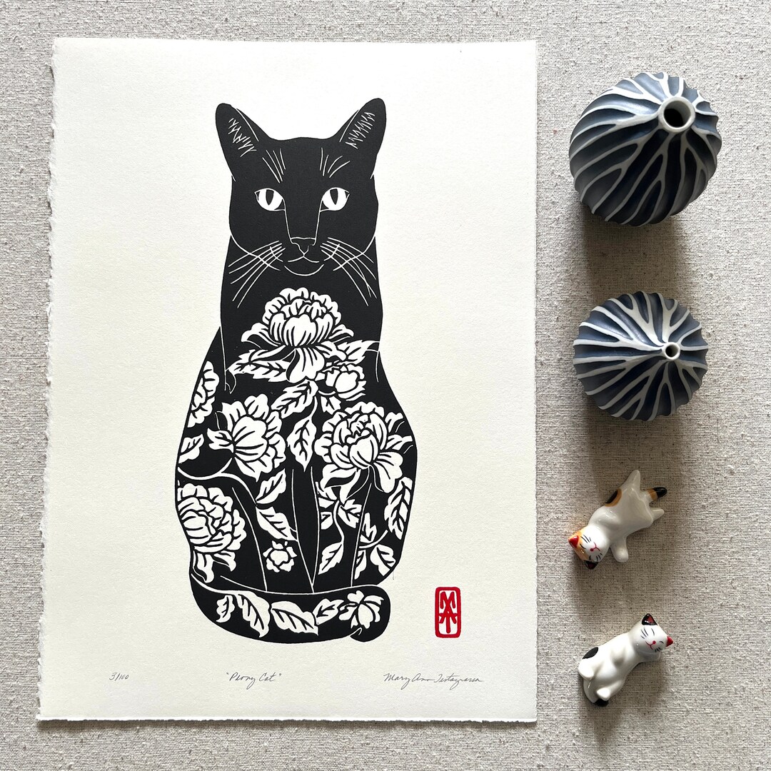 Cat Art Print Cat Artwork Cat Art Original Cat Print Wall Art Linocut Print Linocut Art Block ...