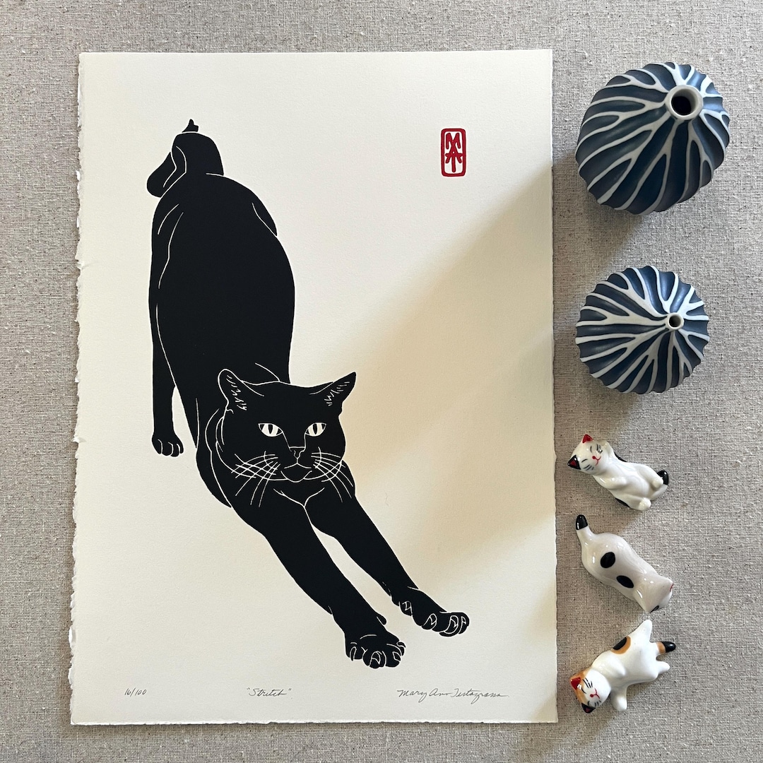 Cat Art, Cat Print, Black Cat Art, Black Cat Print, Cat Linocut, Cat ...