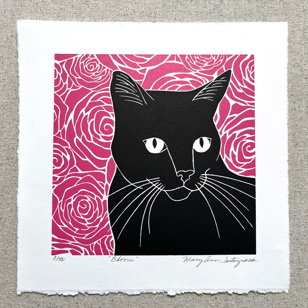 Cat Art Print Cat Artwork Cat Art Original Cat Print Wall Art Linocut ...
