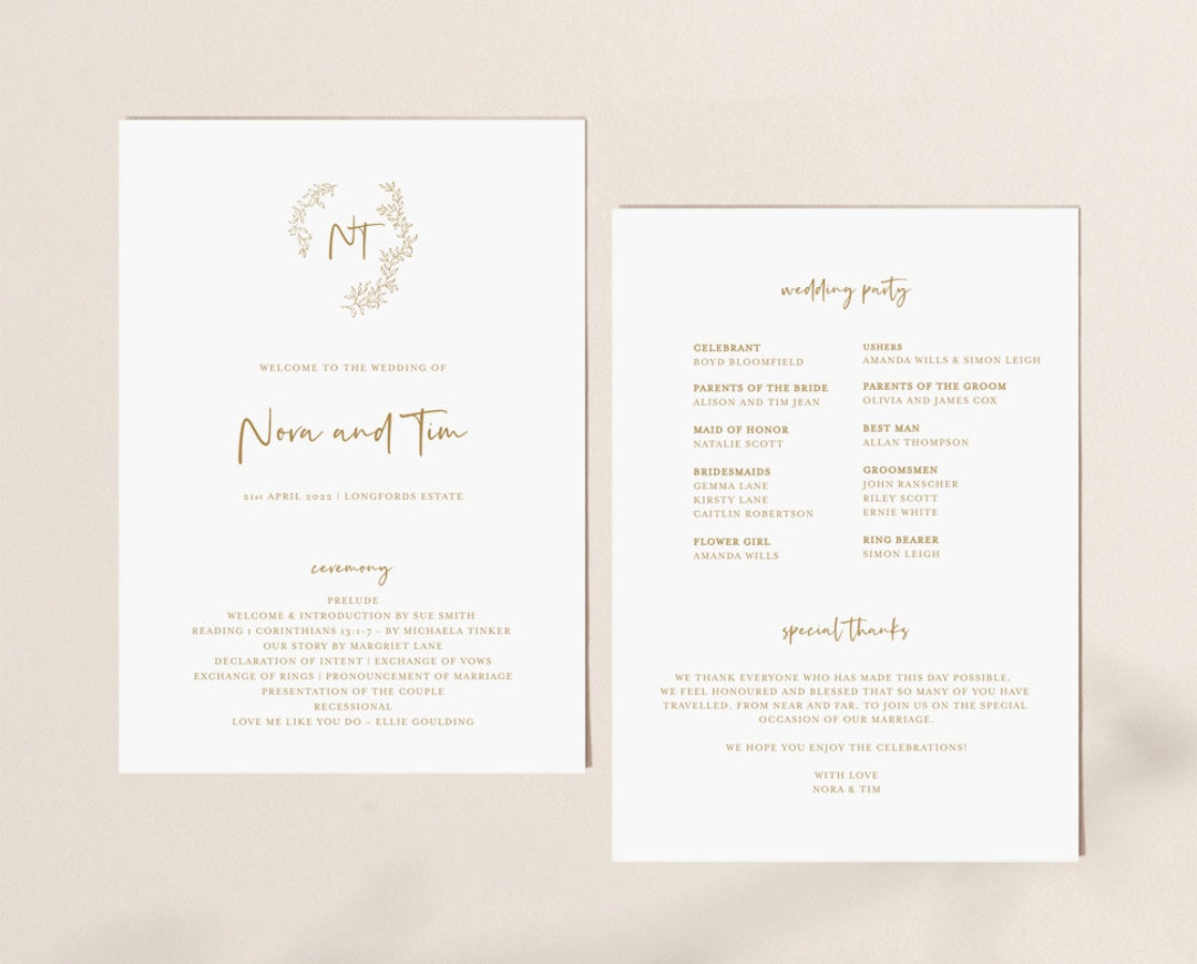 Minimal Wedding Program Template Download, Ceremony Program, Wedding ...