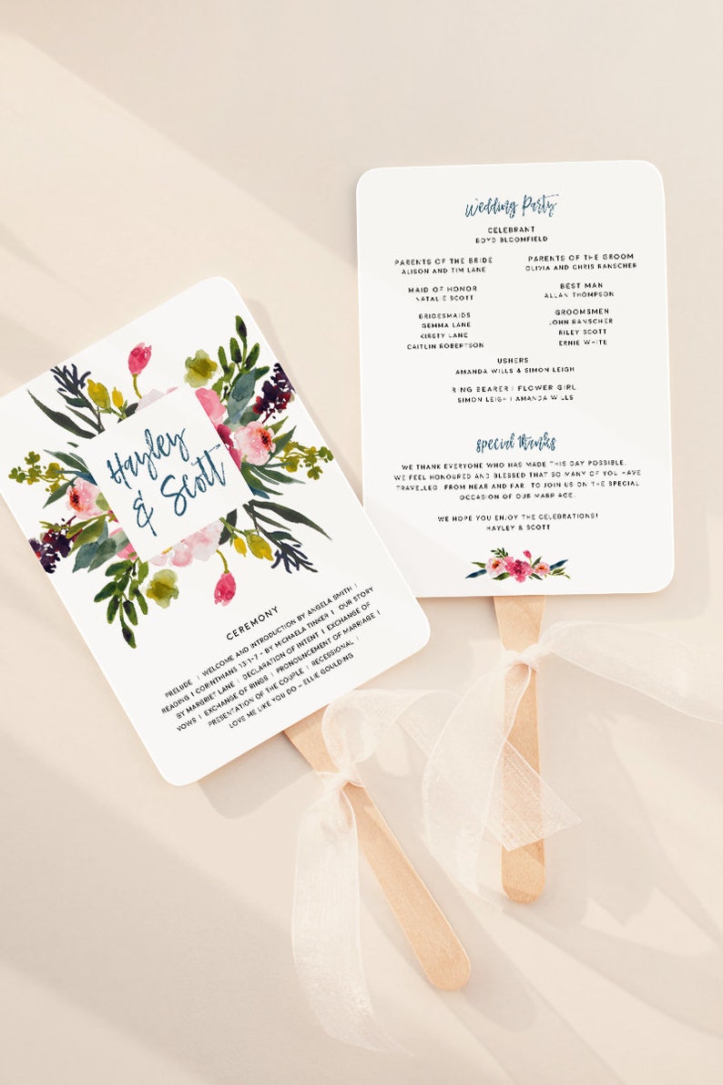 Pink Floral Wedding Fan Program Template Download Watercolor - Etsy
