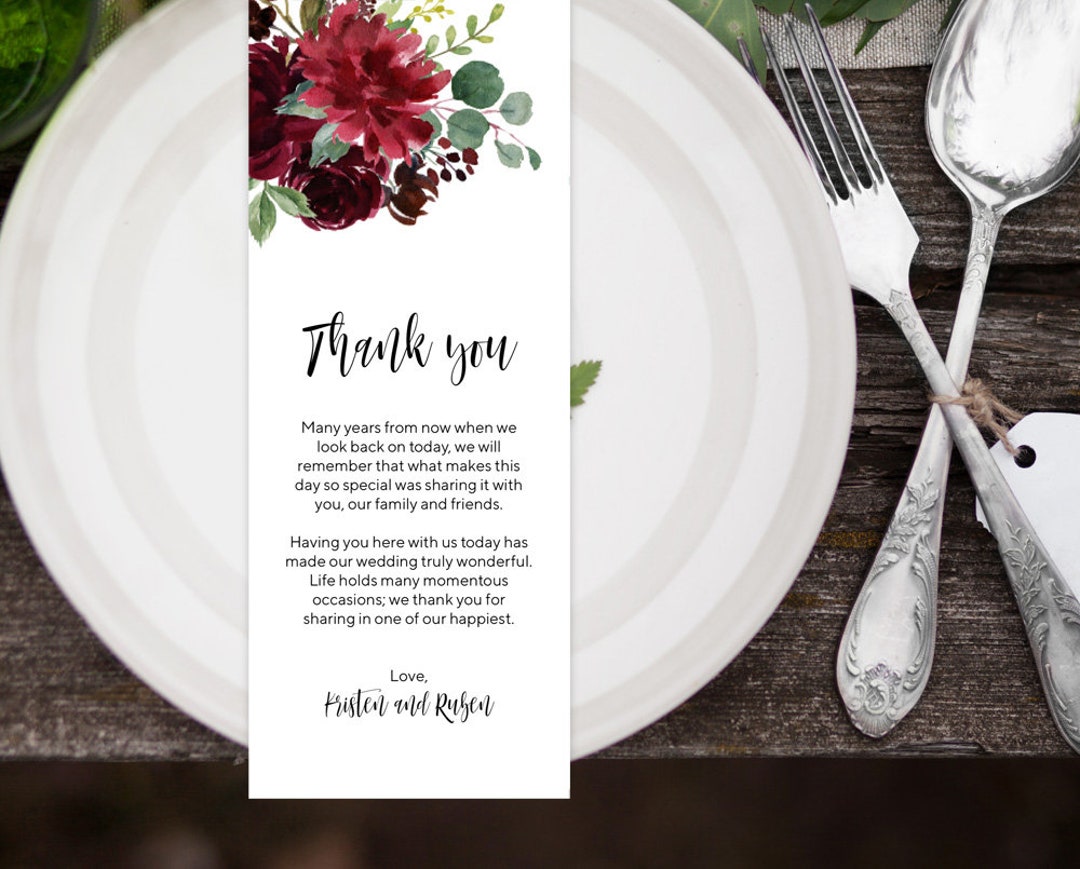 Wedding Table Thank You Card Template, Marsala Wedding Thank You Notes ...