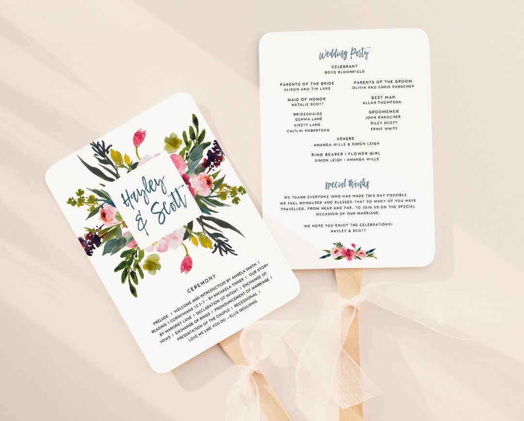 Pink Floral Wedding Fan Program Template Download, Watercolor Peony ...