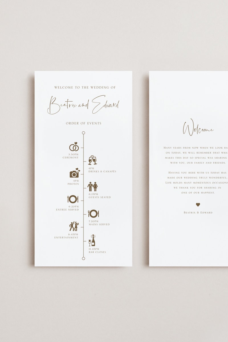 Simple Wedding Day Timeline Card Template, Wedding Itinerary, Welcome ...
