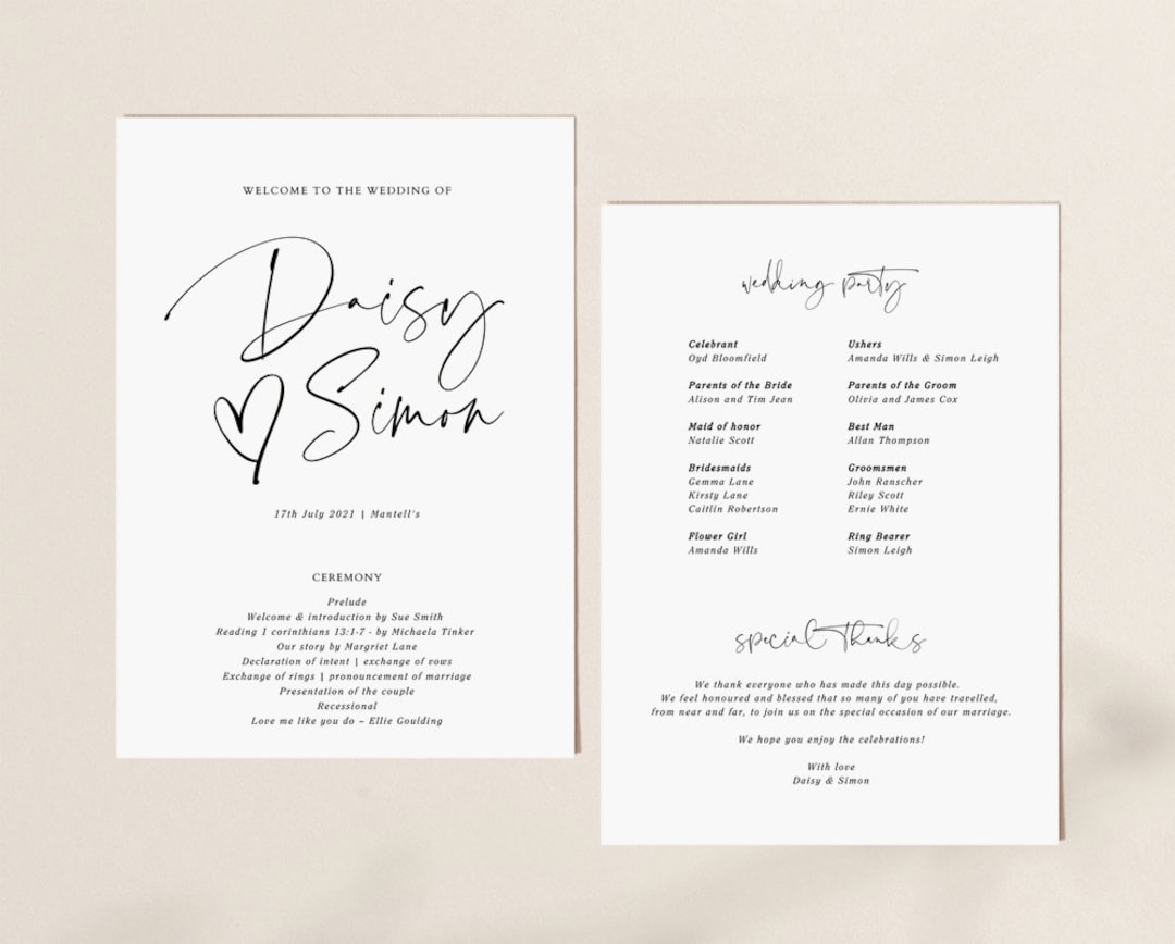 Black and White Wedding Program Template Download, Ceremony Program ...