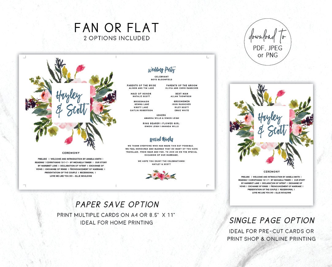 Pink Floral Wedding Fan Program Template Download Watercolor - Etsy