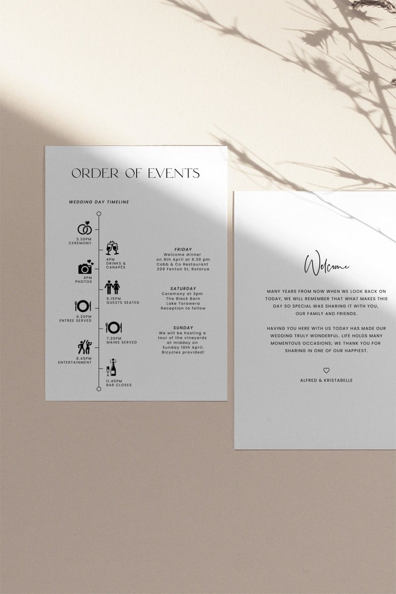 Modern Wedding Day Timeline Card Template, Wedding Itinerary, Welcome ...