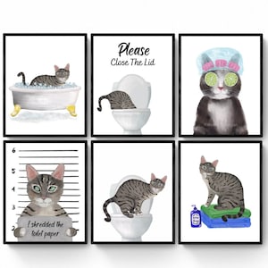 Set of 6 Gray Tabby Cat Bathroom Wall Art, Bathroom Wall Decor Set ...