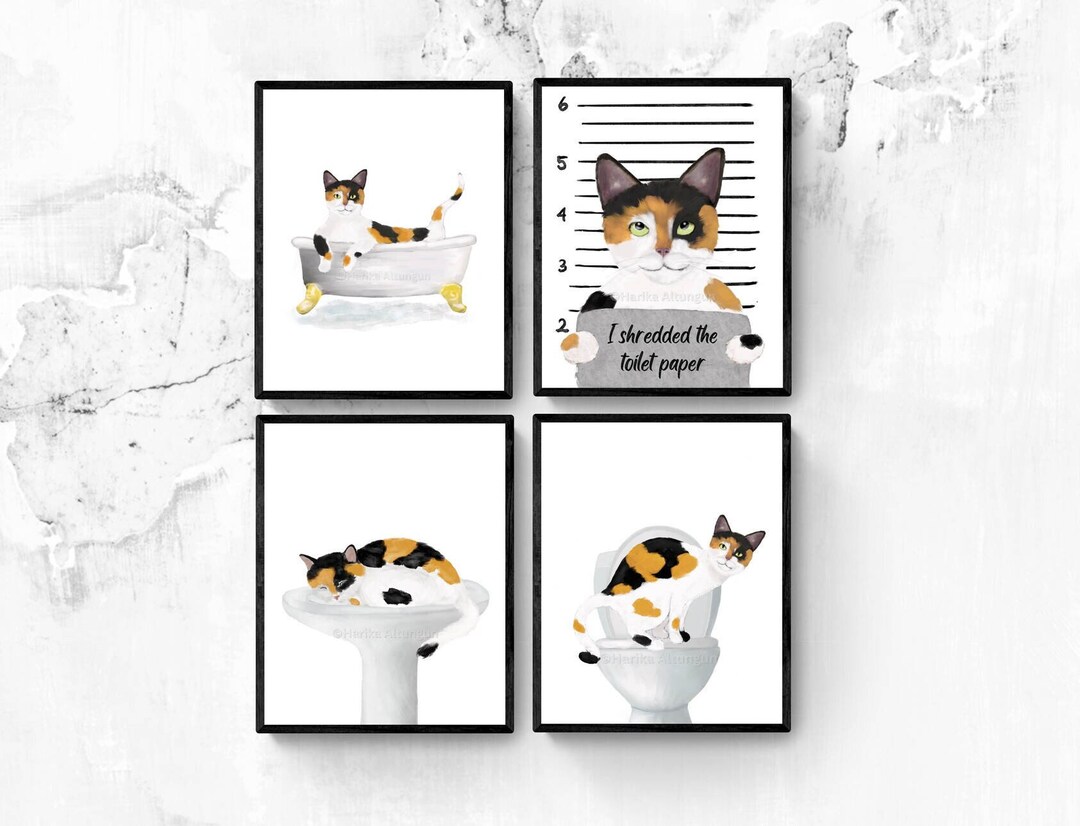 Set of 4 Calico Cat Bathroom Wall Art, Bathroom Wall Decor Set, Cute ...