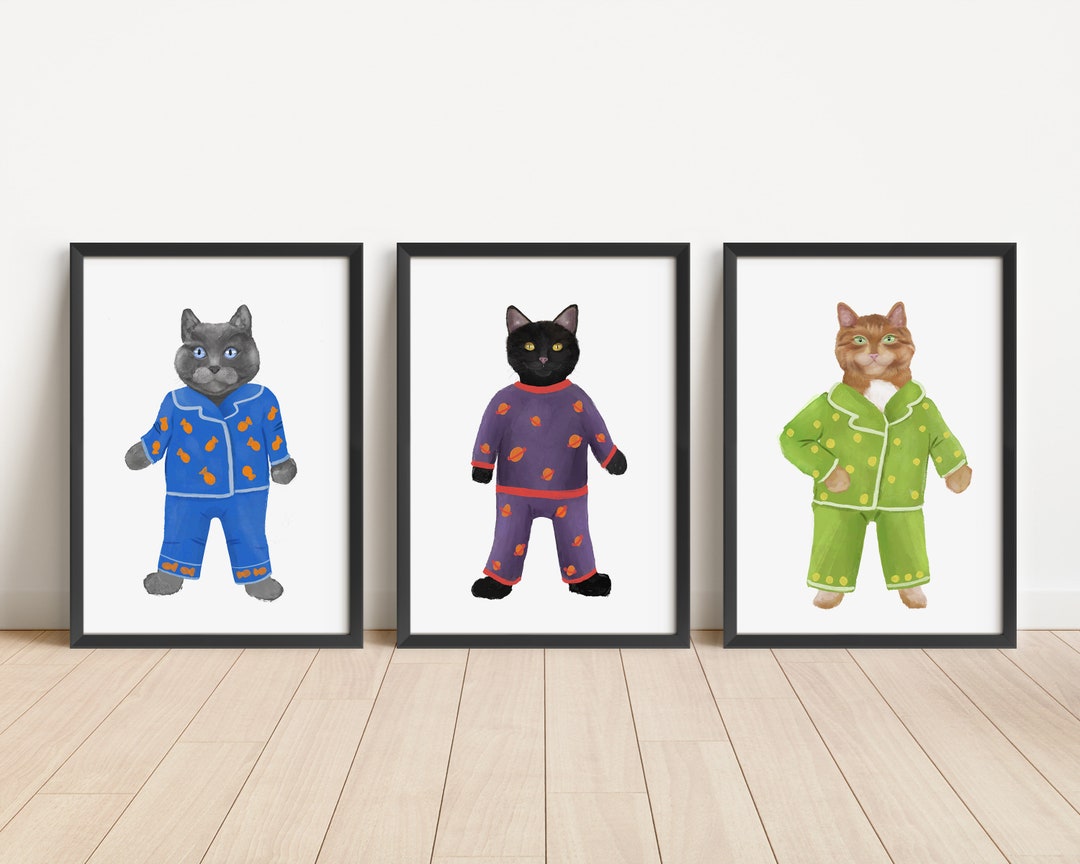 Cats in Pajamas Print Set of 3, Colorful Pajama Cats Print, Cat Nursery ...