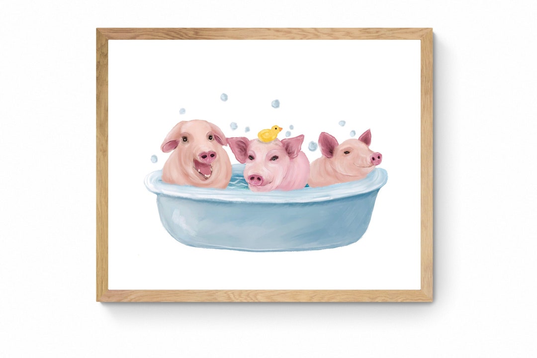 Happy Pigs Taking a Bath, Funny Bathroom Wall Art, Farm Animals in Tub ...