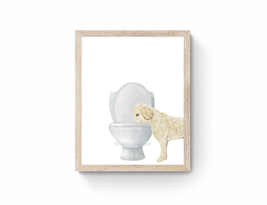 Goldendoodle Toilet Art , Poodle Drinking From Toilet Print, Unique ...