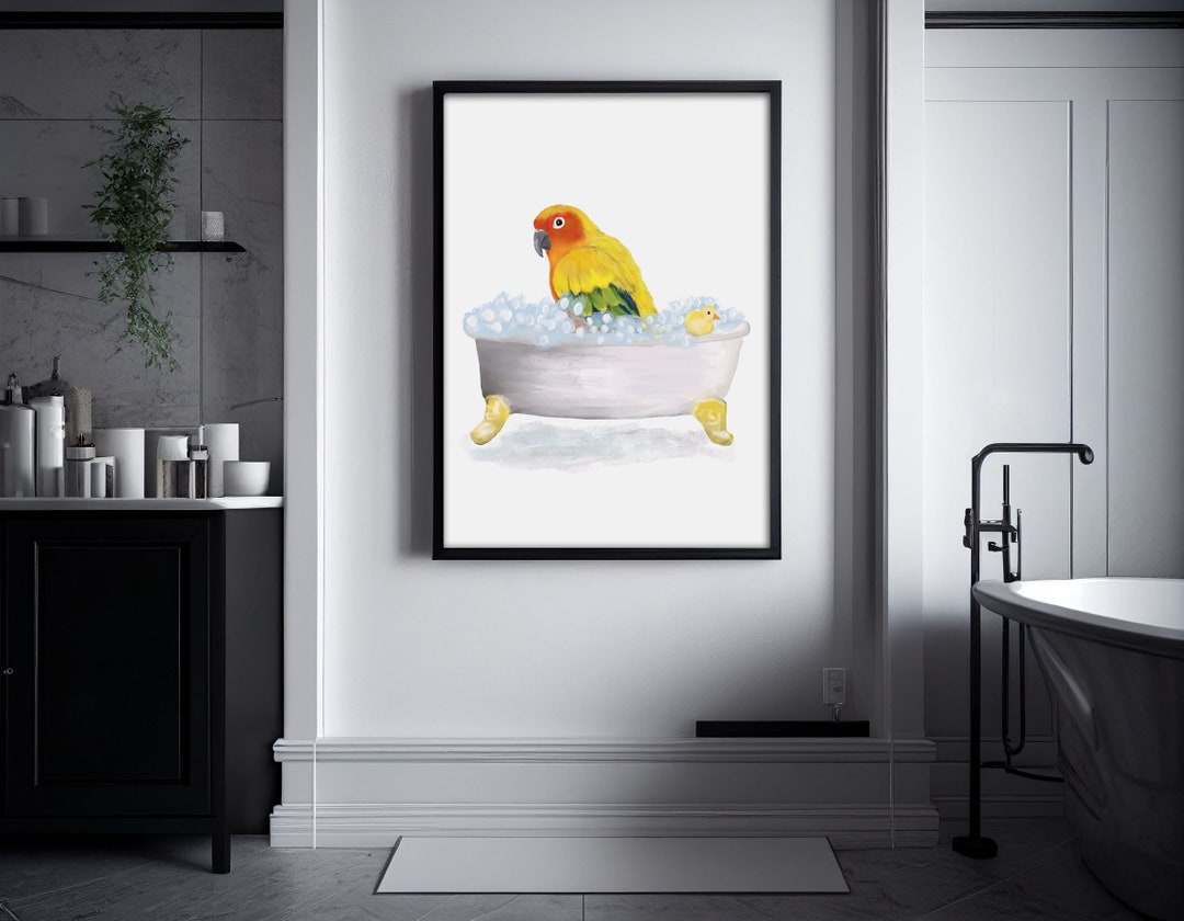 Cute Sun Conure Tub Print, Bathing Parrot Print, Bathroom Art, Unique ...
