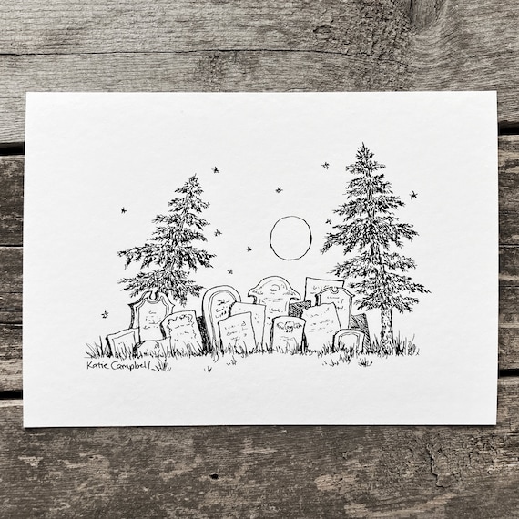 Gothic Cemetery Art Print Halloween Illustration Graveyard - Etsy