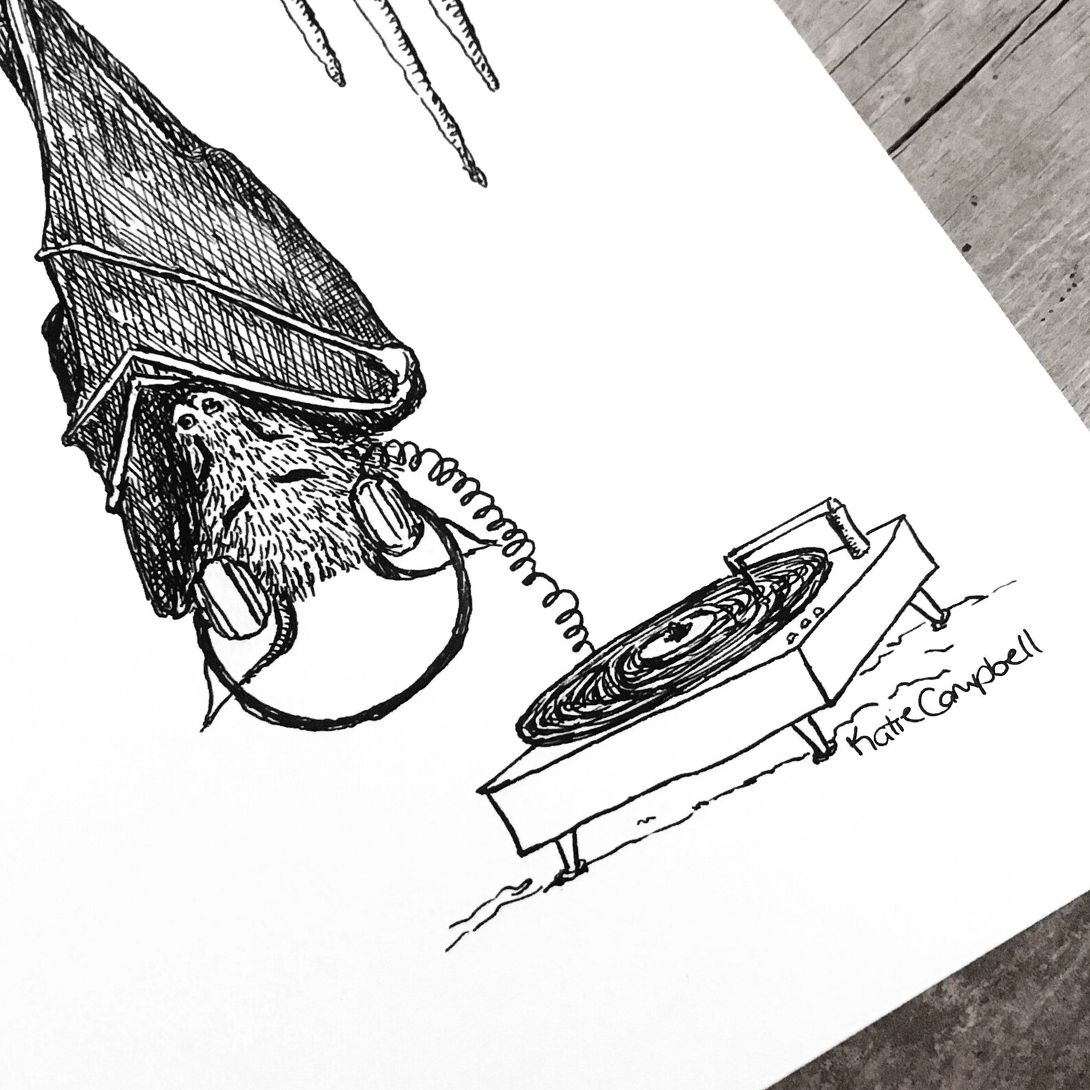 Bat Listening to Music Print, Halloween Art, Bat Print, Black and White ...