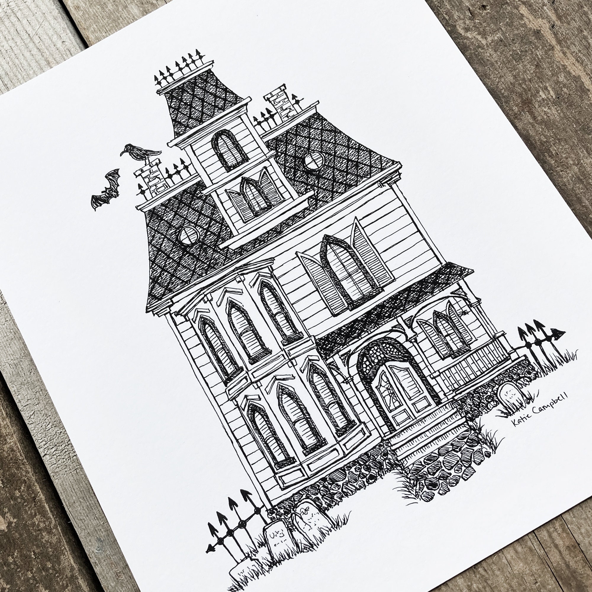 Haunted House Art Print Spooky Pen and Ink House Halloween | Etsy