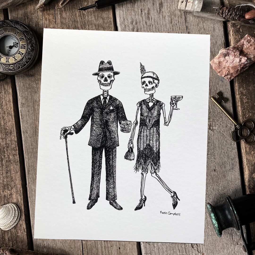 1920's Skeleton Flapper Couple Pen and Ink Drawing, Vintage Skeleton ...