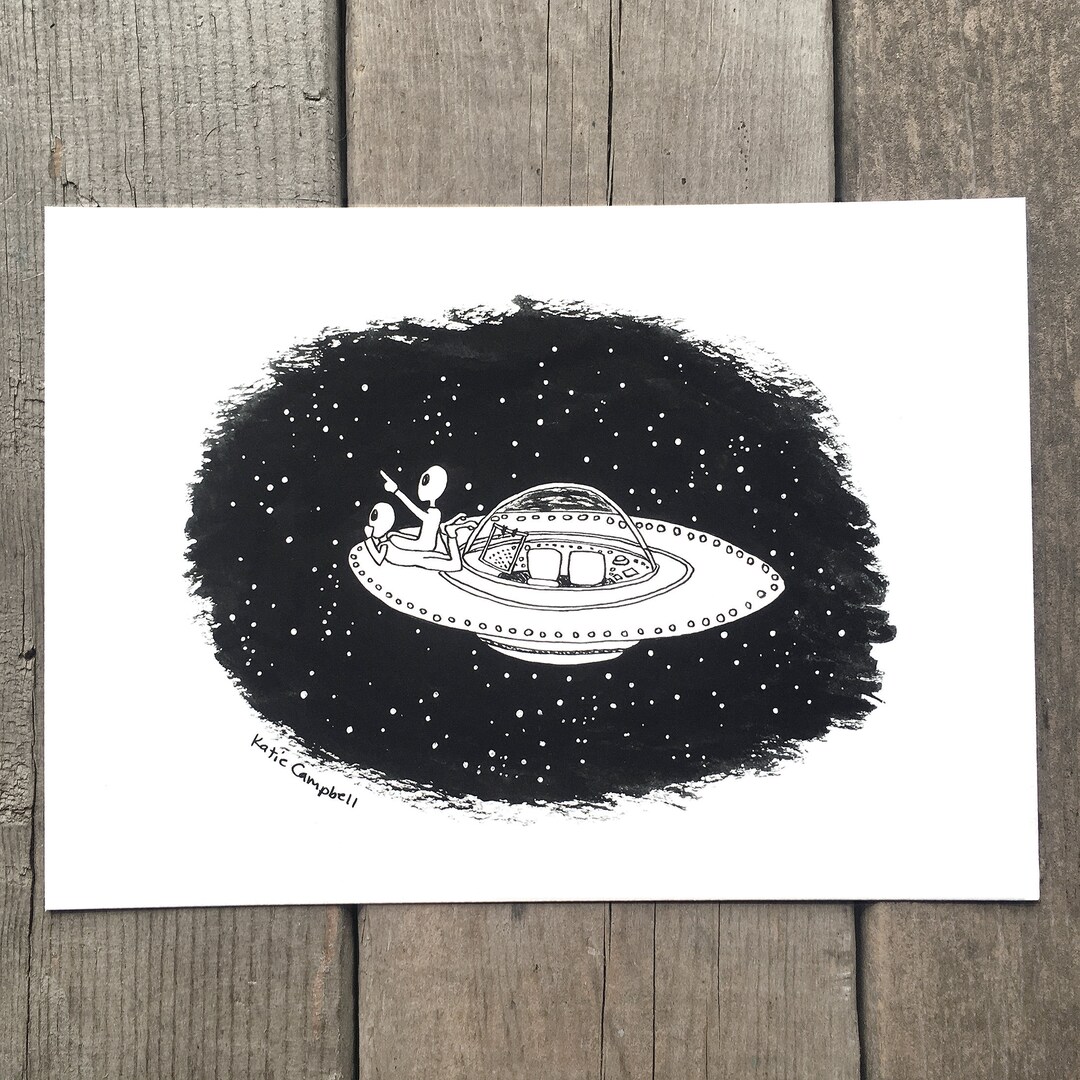 Alien Print, UFO Art, Space Nursery Decor, Inktober, Flying Saucer Wall ...