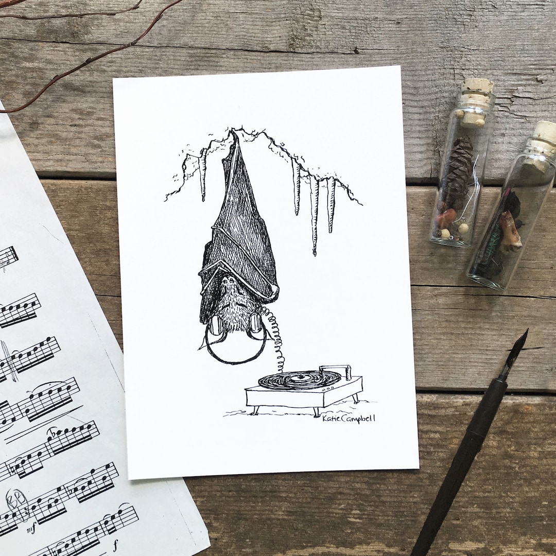 Bat Listening to Music Print, Halloween Art, Bat Print, Black and White ...