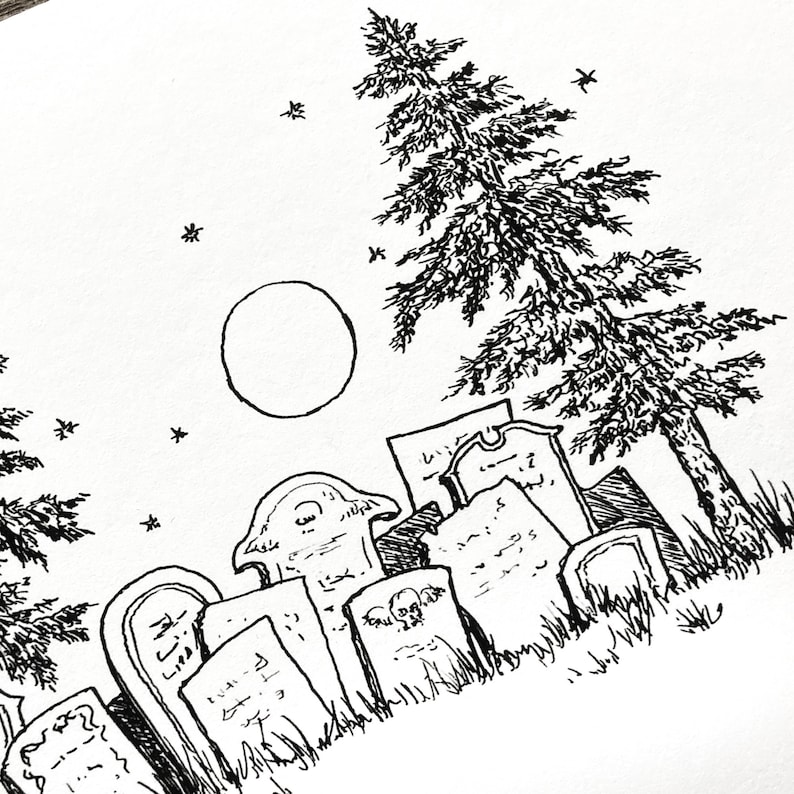Gothic Cemetery Art Print, Halloween Illustration, Graveyard Drawing ...