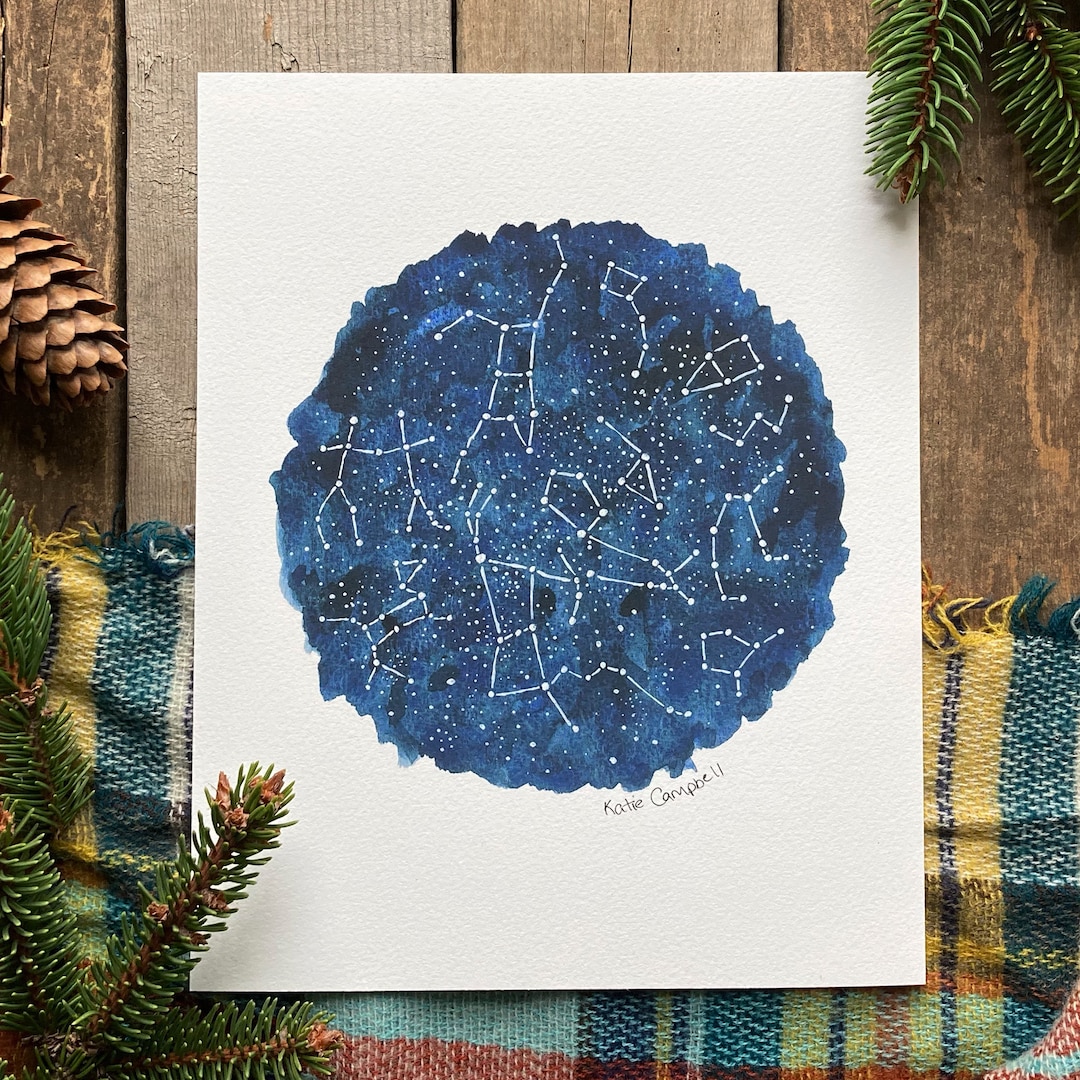 Winter Celestial Watercolor Constellation Print, Night Sky Print ...