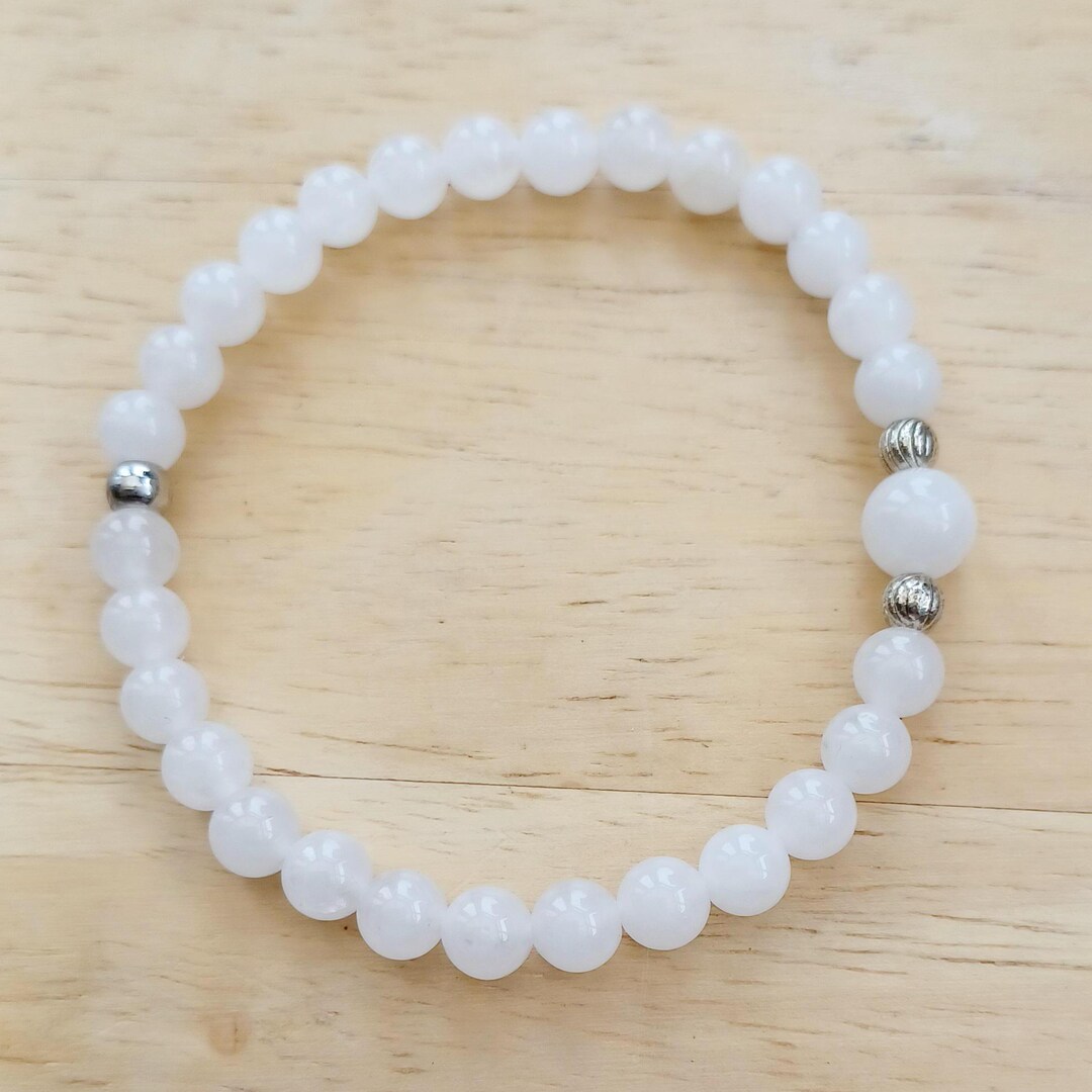White Jade Bracelet With 6mm Gemstones & Central 8mm Jade Bead for ...