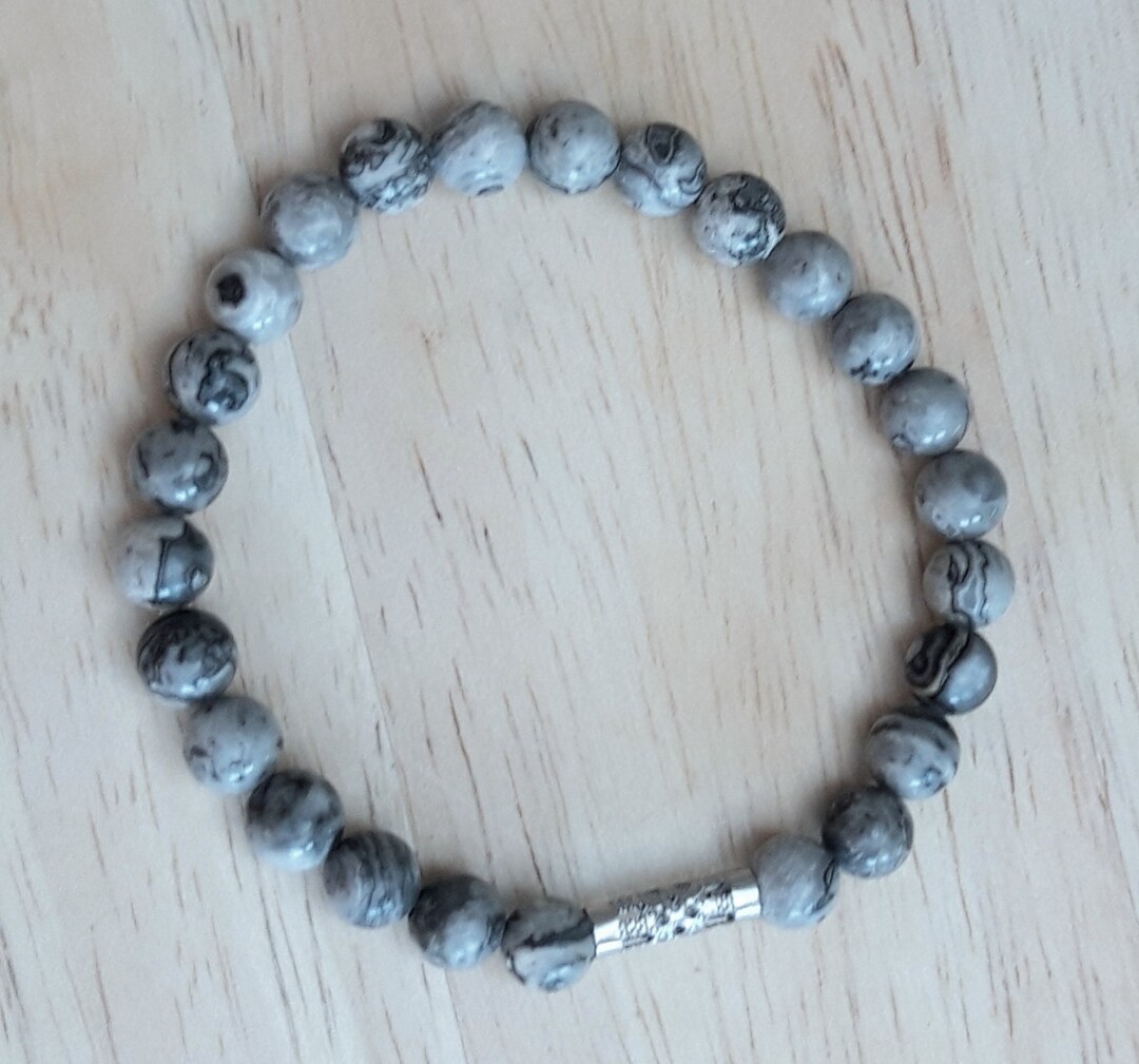 Grey Map Jasper Stretch Bracelet, 6mm Gemstone Beads, Symbol of Calm ...