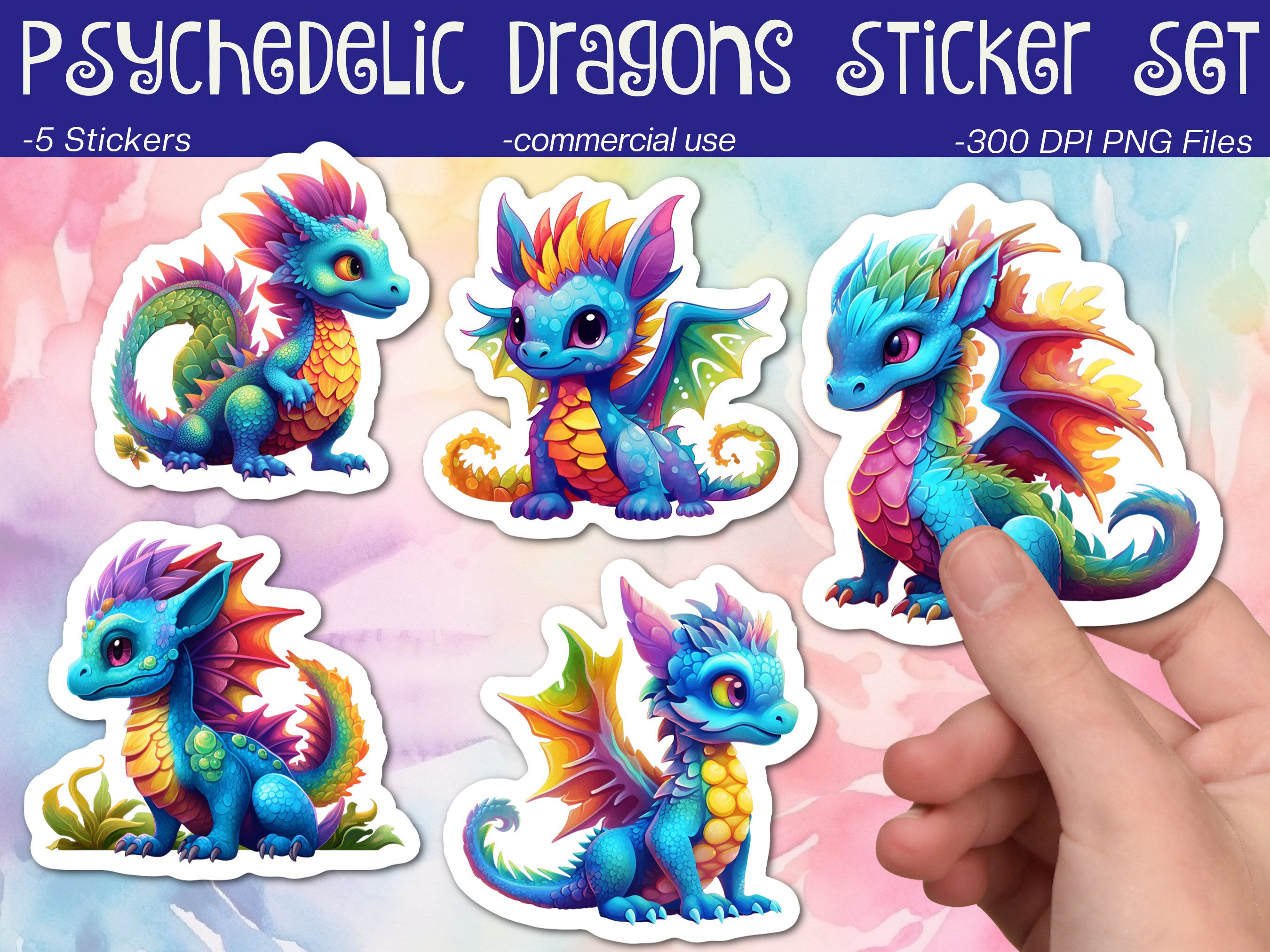 Rainbow Psychedelic Dragon Sticker Set Themed Digital Sticker Set ...