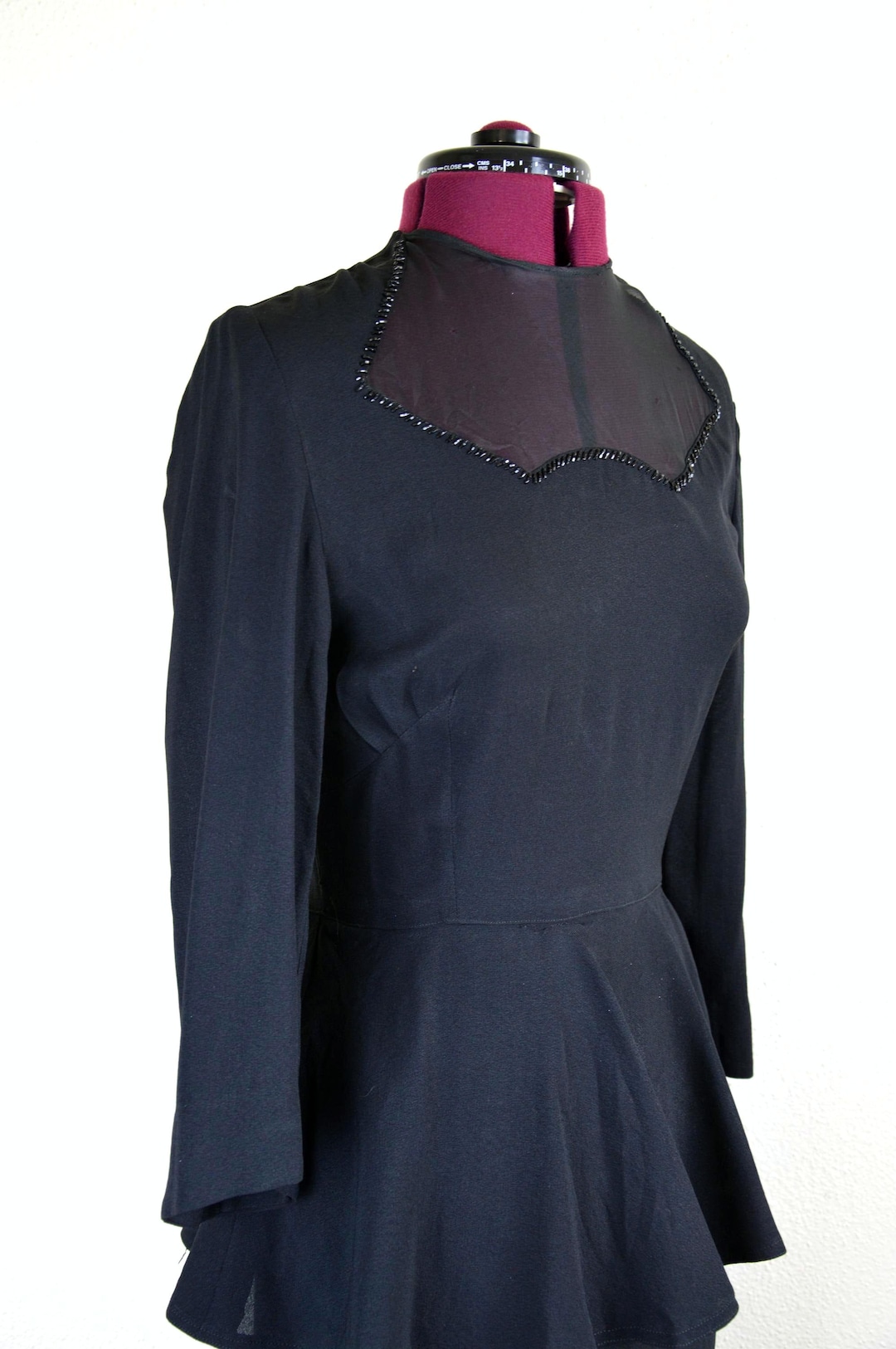 Vintage 1940's Black Peplum Dress // Sheer Illusion Bead Top GOTHIC ...
