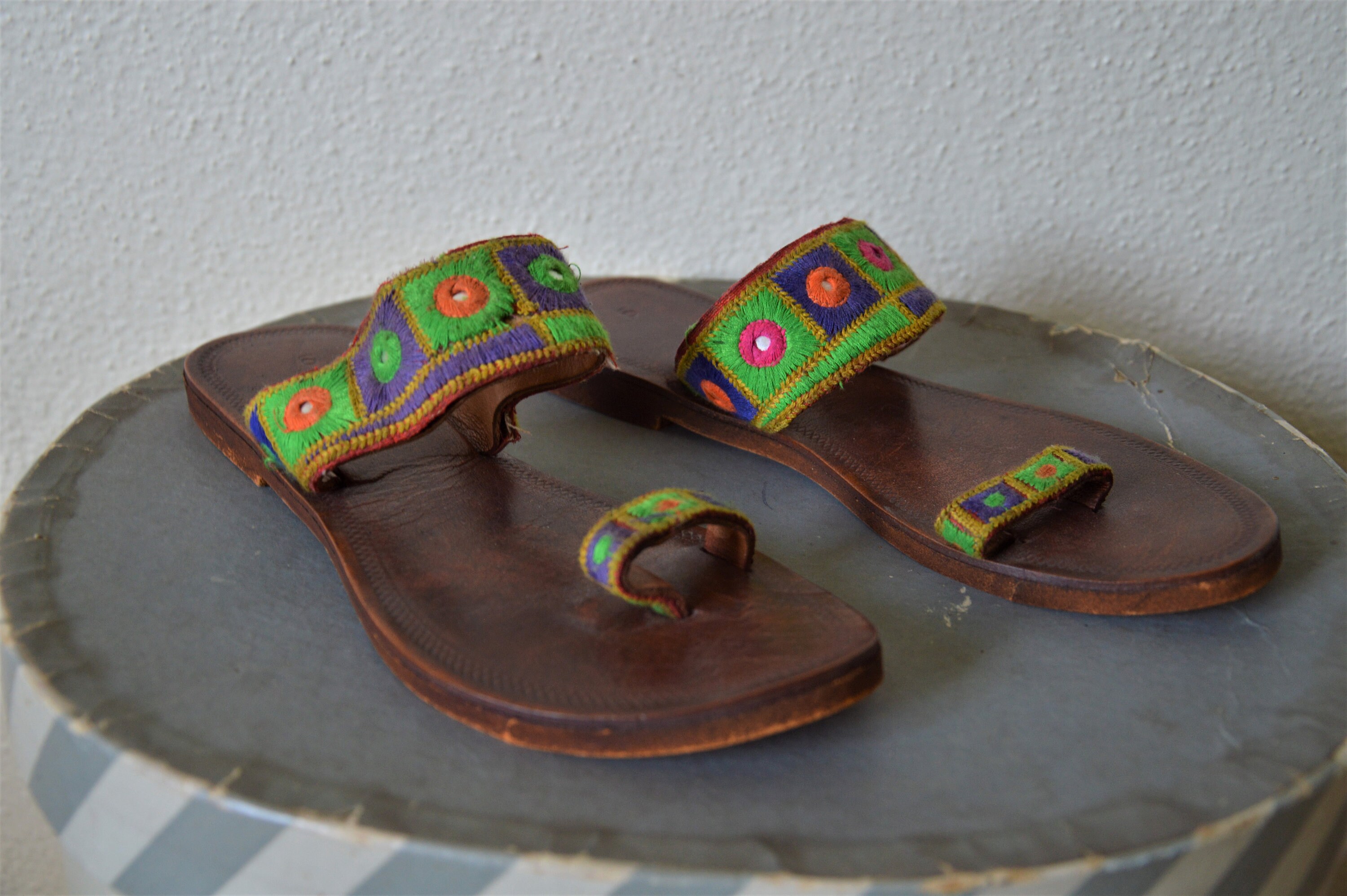 Vintage 70's Thongs Flip Flops Sandals // Rainbow Woven Mirror Shoes ...
