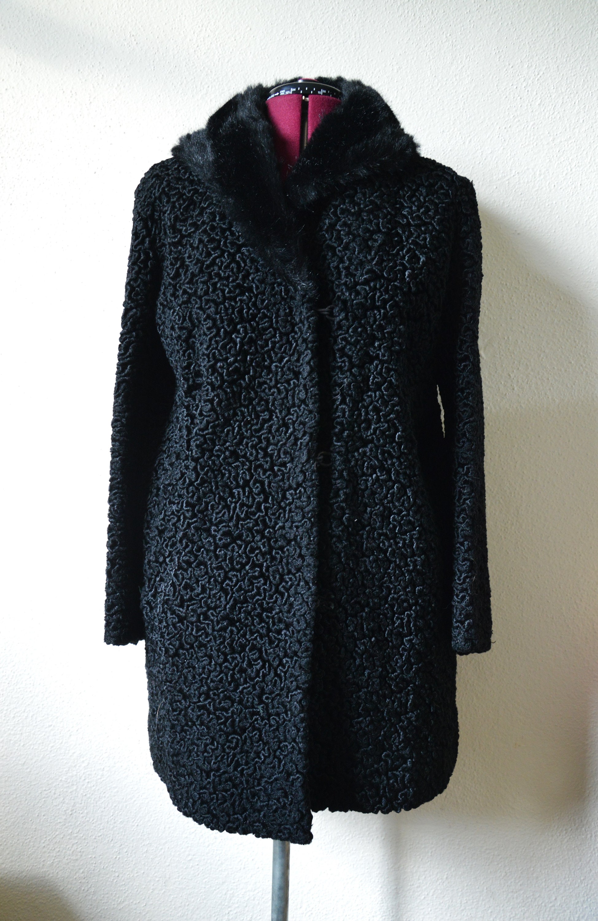 Vintage 1960's Black FAUX Curly Lamb Coat // Faux Fur Collar VEGAN ...