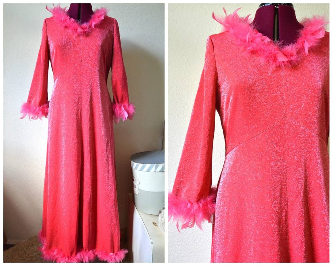 Vintage 1960's 1970's PINK Dress // LUREX Hot Pink Silver FEATHER Boa ...