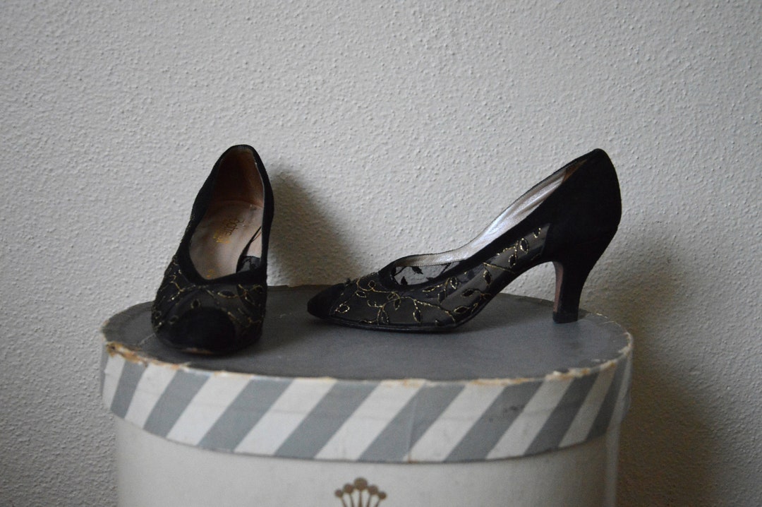 Vintage 1980's Black Gold Leaf Lace Mesh Pumps // Evening - Etsy