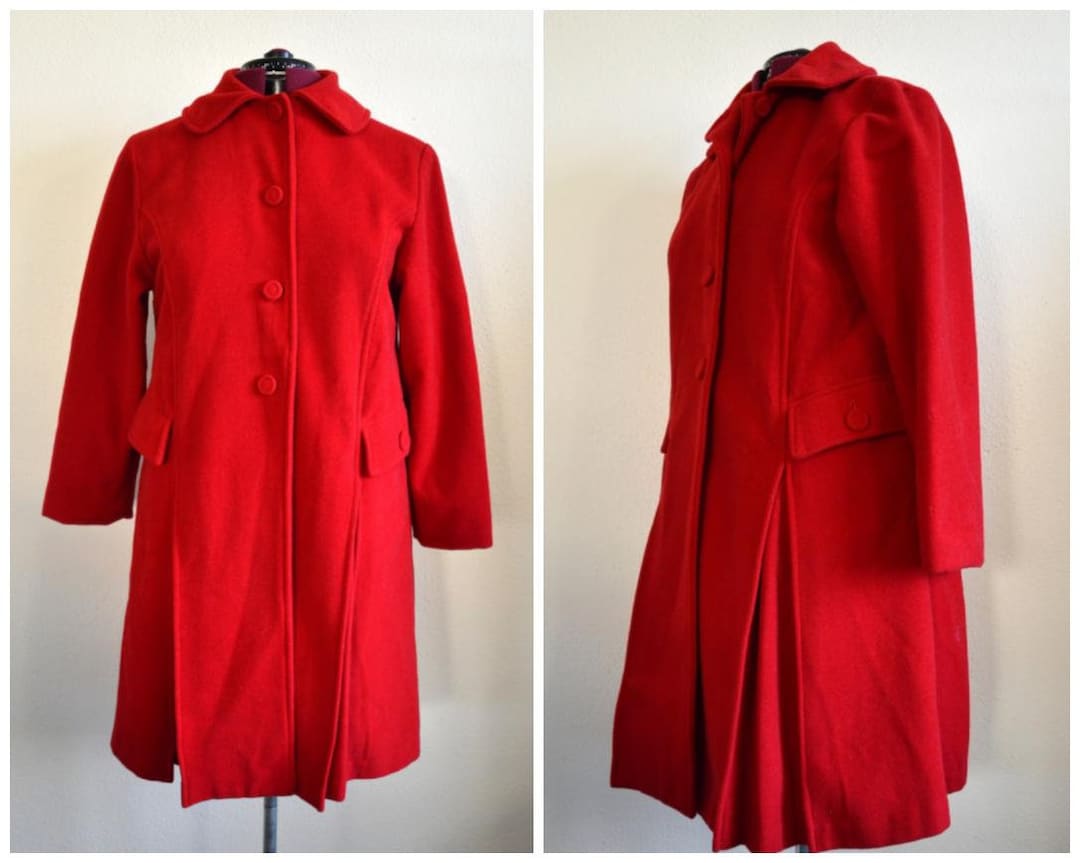 Vintage 2000's Red Coat // Red Wool Pleat Front Long Ladies Coat Warm ...