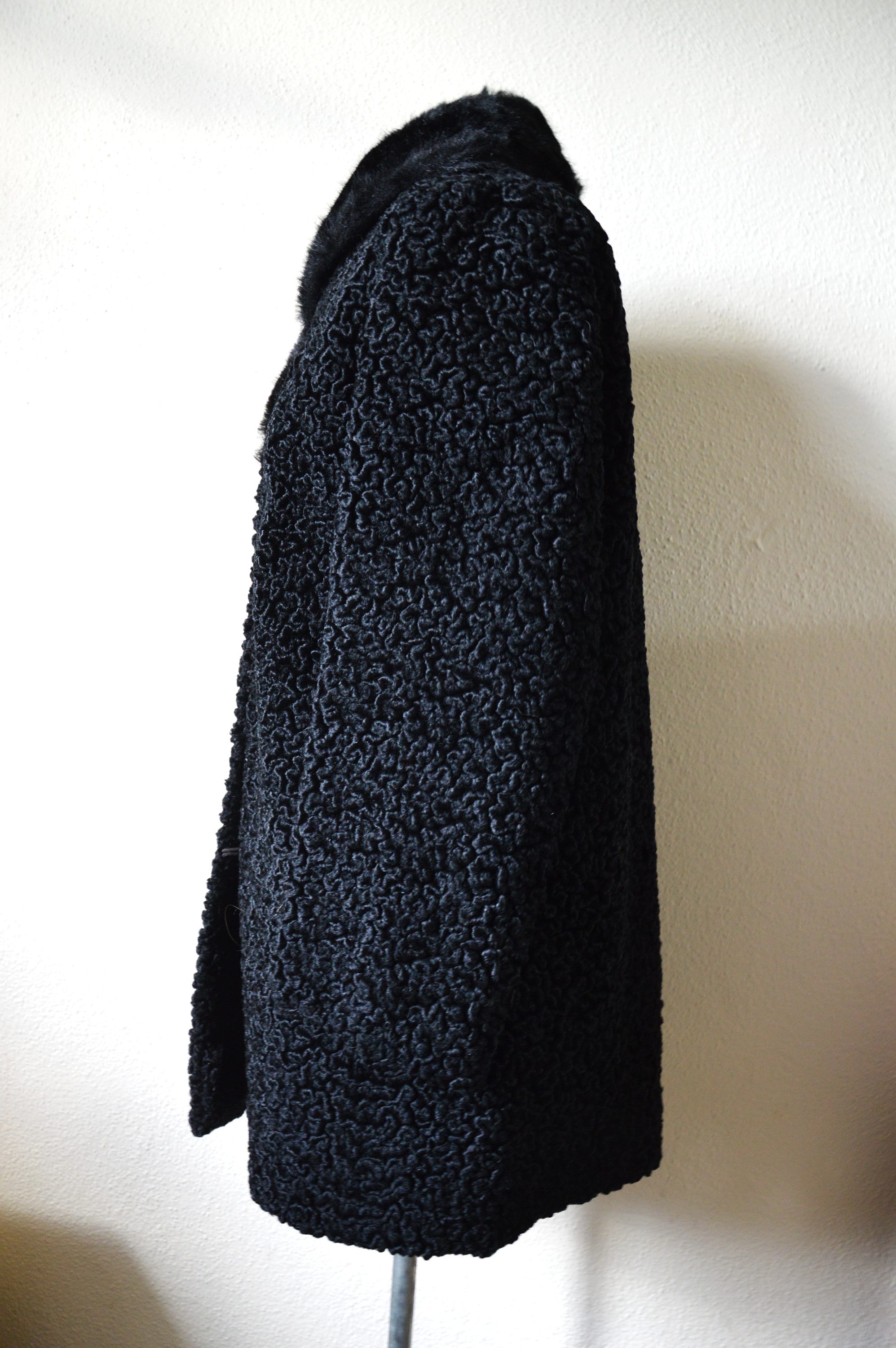 Vintage 1960's Black FAUX Curly Lamb Coat // Faux Fur Collar VEGAN ...