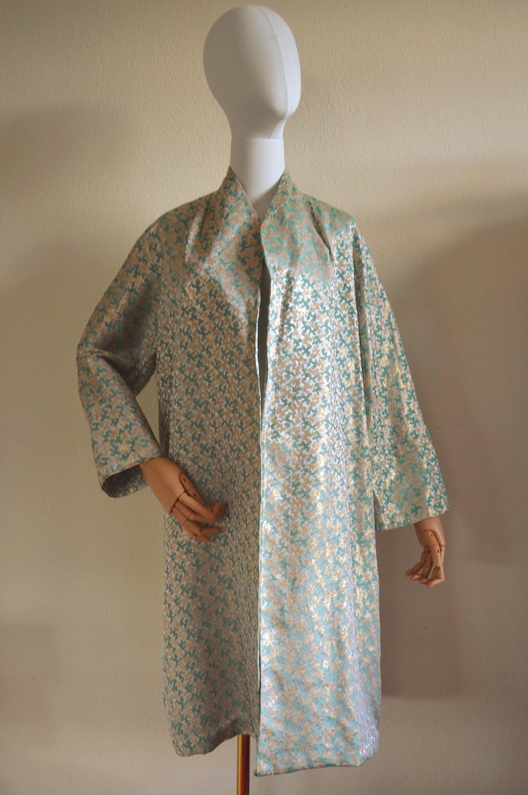 Vintage 1960s Duster Coat // Brocade BLUE Aqua Gold Silver Shimmer ...