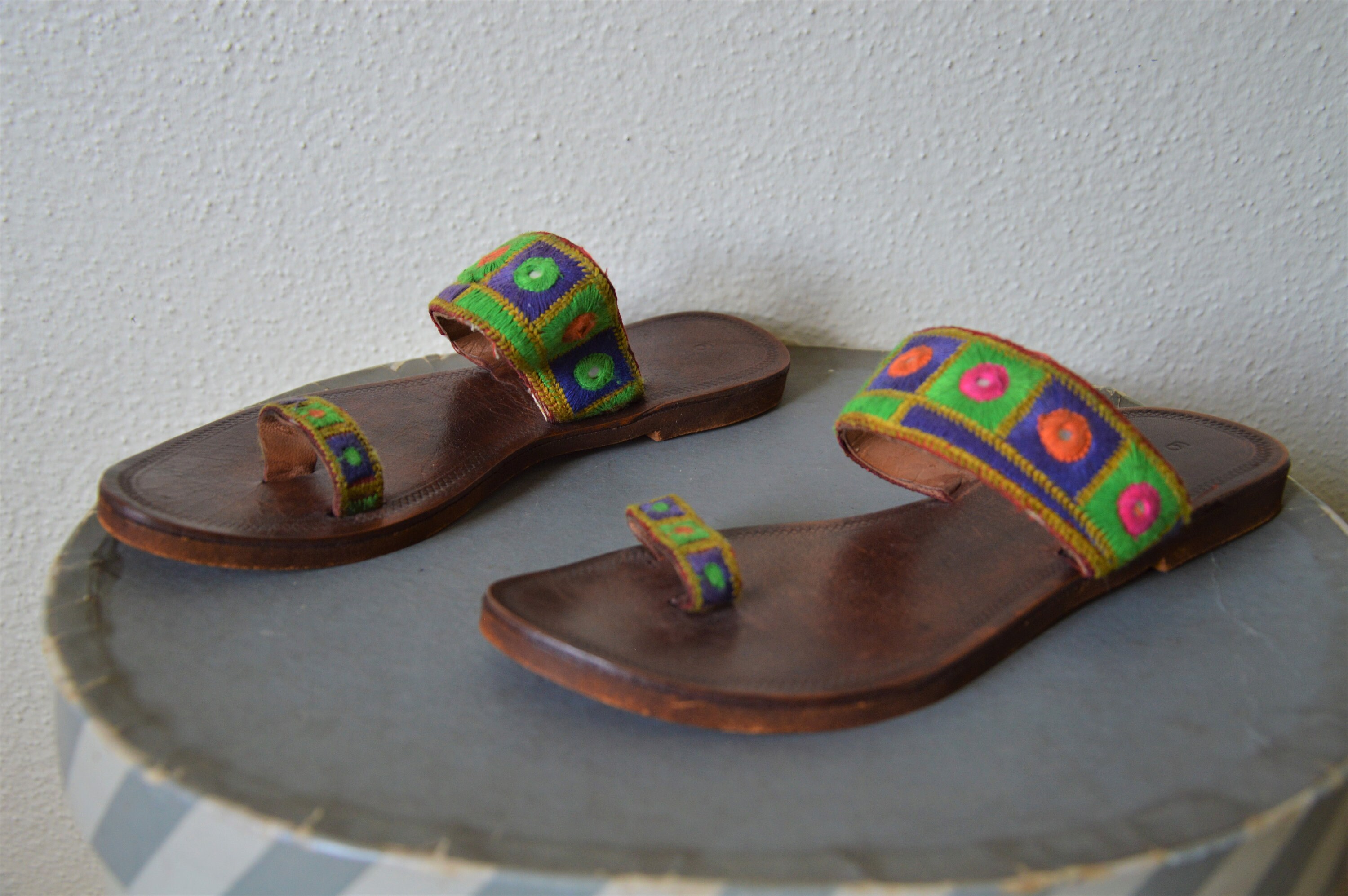 Vintage 70's Thongs Flip Flops Sandals // Rainbow Woven Mirror Shoes ...