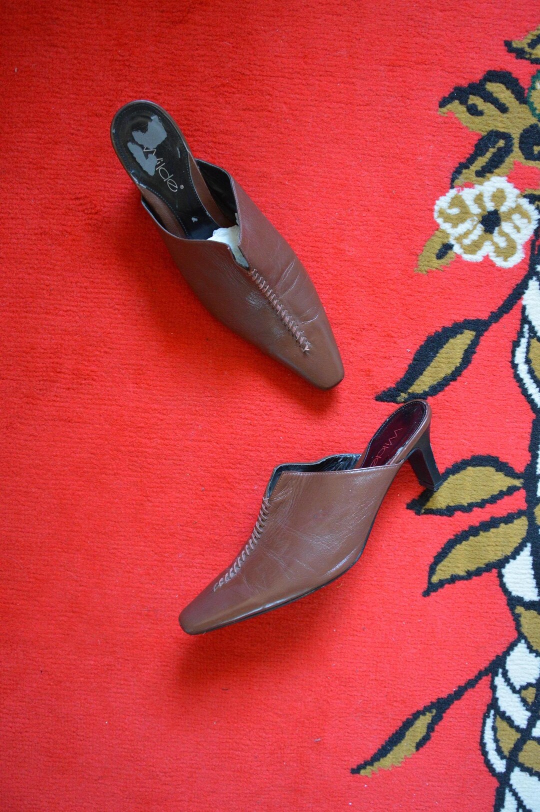 Vintage Early 2000s Brown Point Toe Western Mules // Mid Heel Woven ...