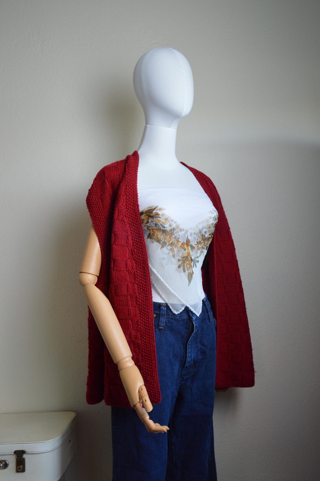 Vintage 1970s Dark Red Knit Vest // Hand Knitted Oversized Open Vest ...